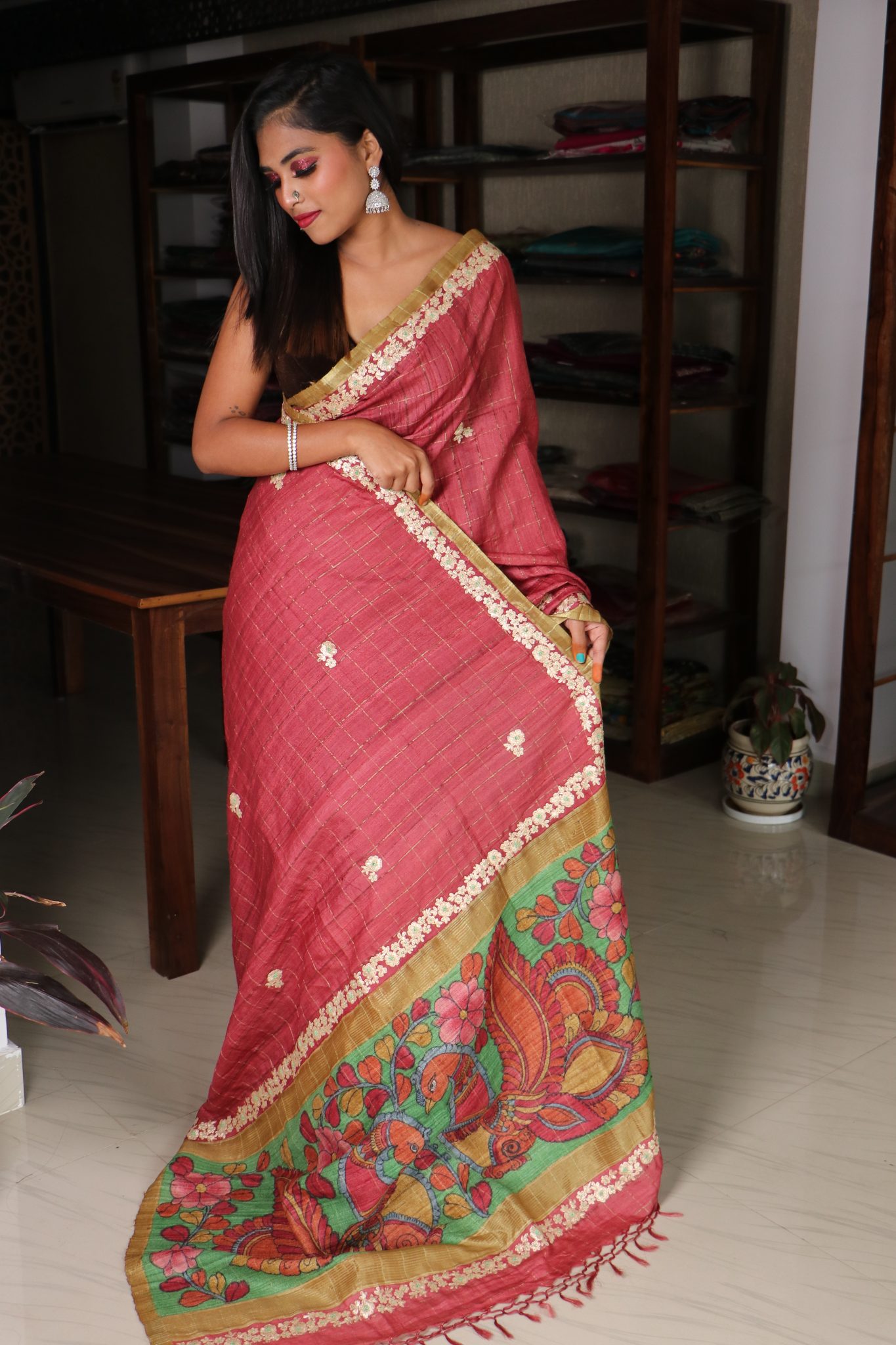 TUSSAR PITA WORK PEN KALAMKARI Saree - TANTUVANA