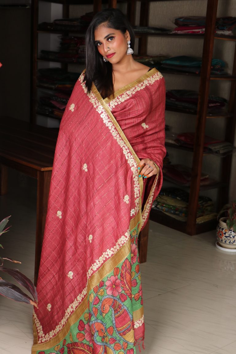 TUSSAR PITA WORK PEN KALAMKARI Saree - TANTUVANA