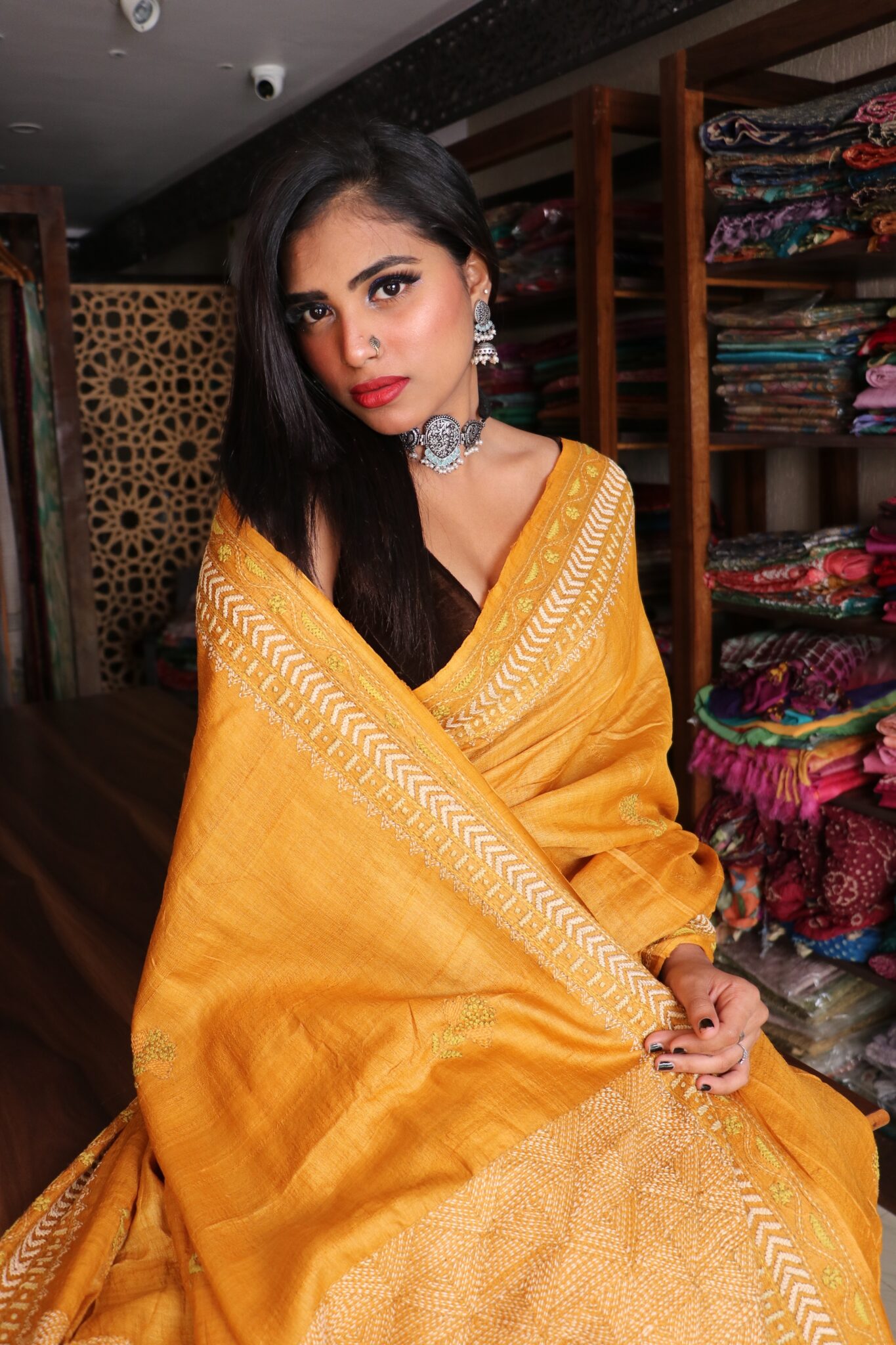 Mustard Tussar Silk with Chikankari work - TANTUVANA