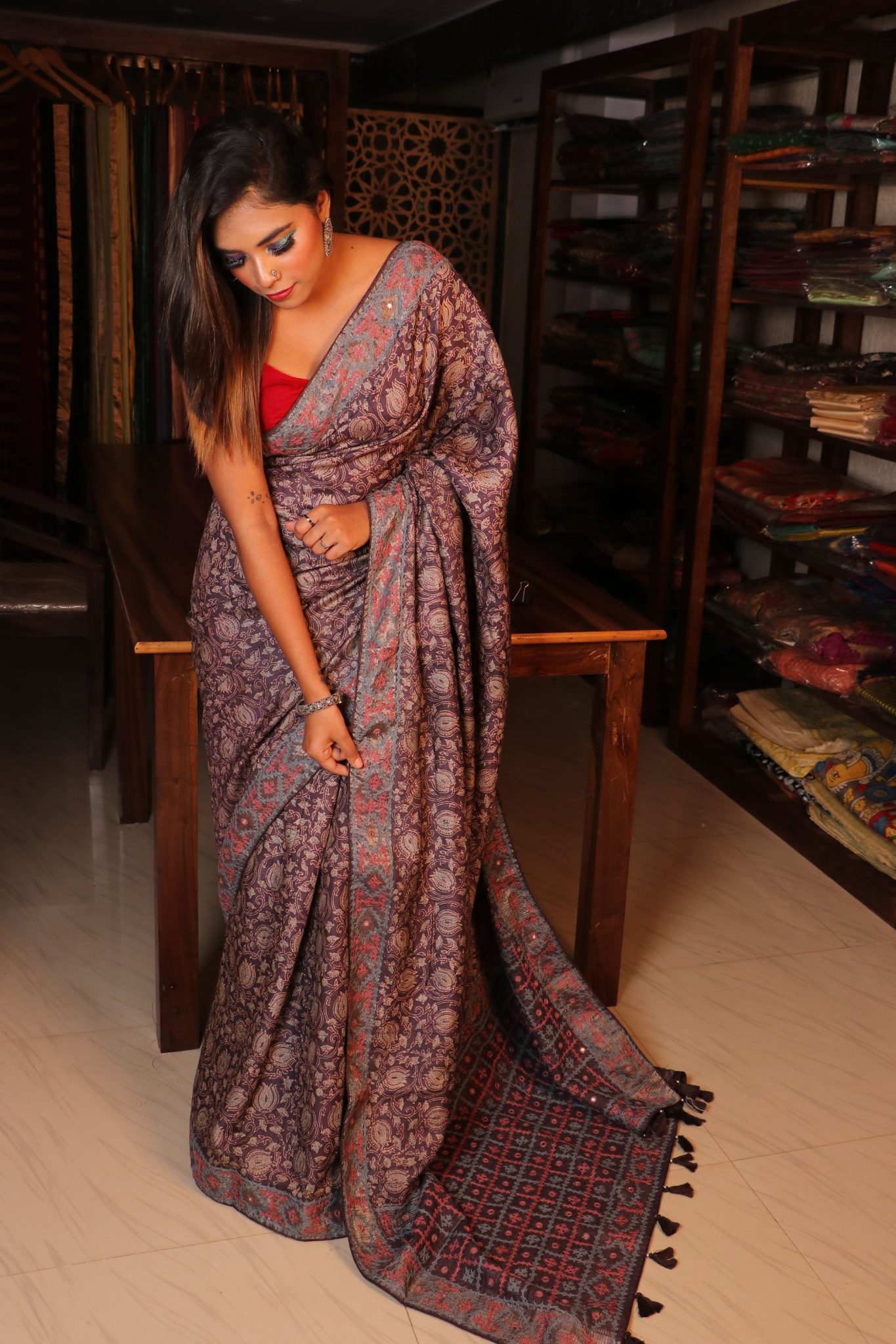 Tussar Ajrakh with Kutch work - TANTUVANA